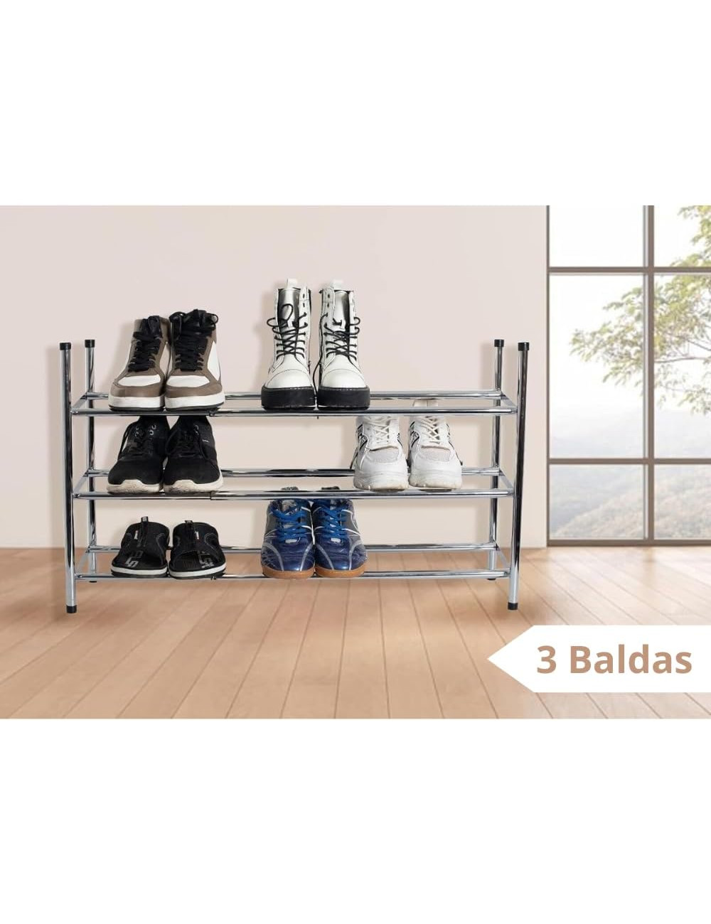 Zapatero Metálico con 3 Baldas Cromadas, Diseño Extensible y Apilable, 62-113 x 23 x 51 cm