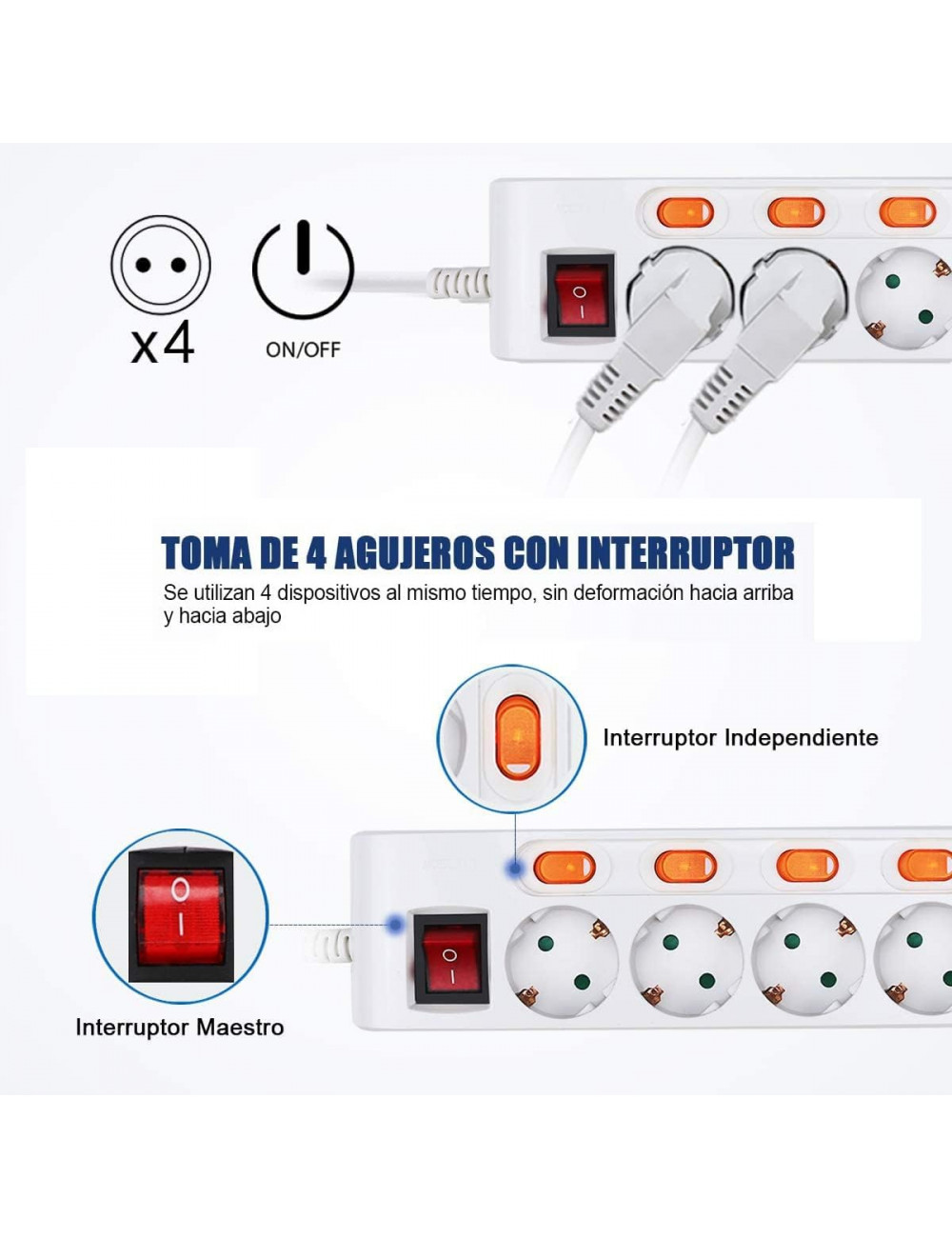 Regleta con 4 Enchufes + 4 Interruptor Individuales, 1 Interruptor Principal, 3680W, 250V, 1.5m