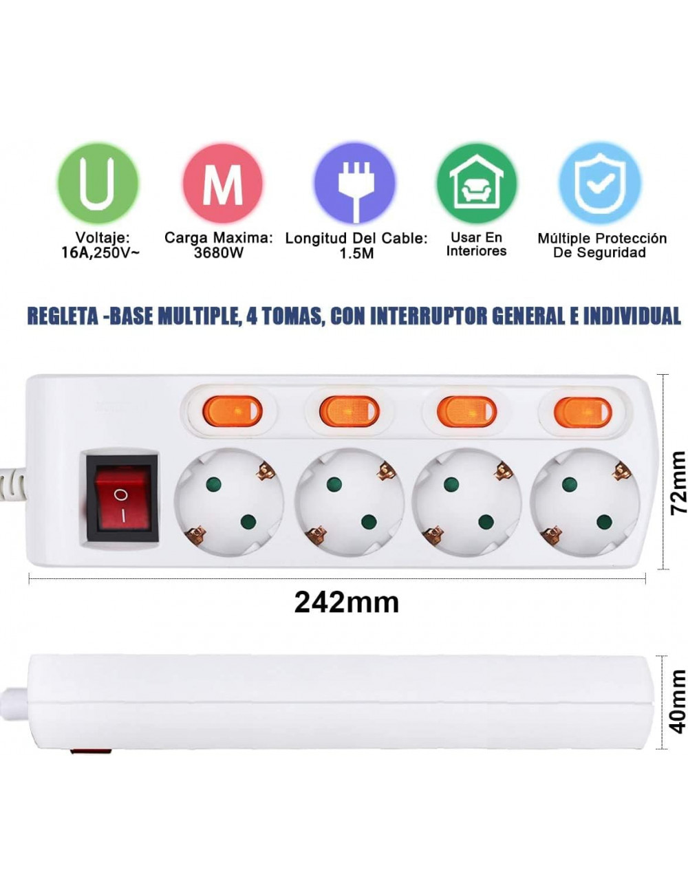 Regleta con 4 Enchufes + 4 Interruptor Individuales, 1 Interruptor Principal, 3680W, 250V, 1.5m