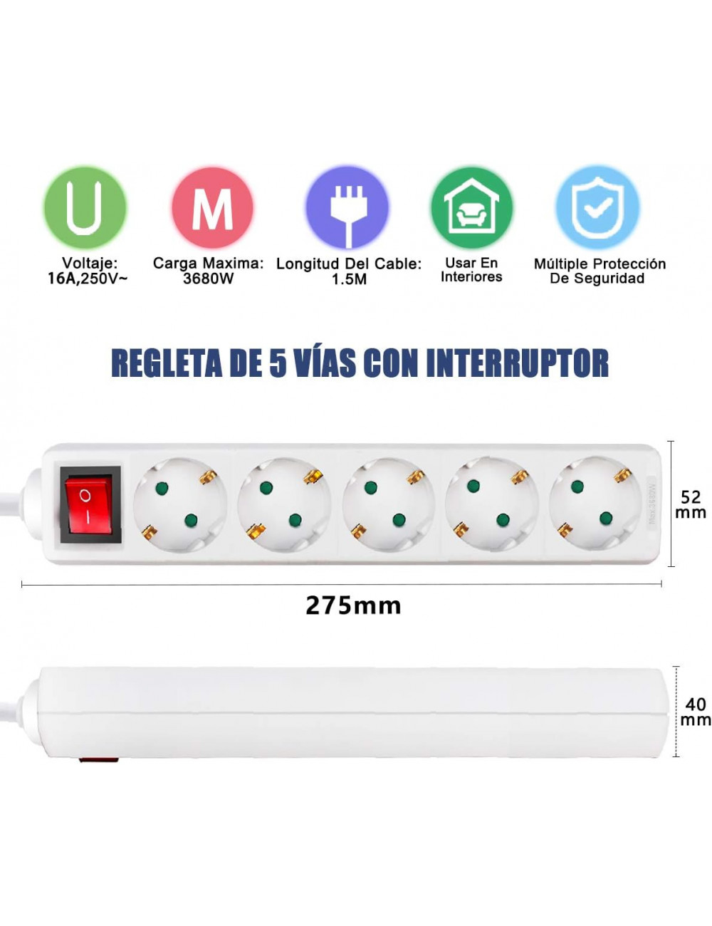 Regleta Alargador de 3m con 5 Enchufes e Interruptor (16A, Máx. 3680W)