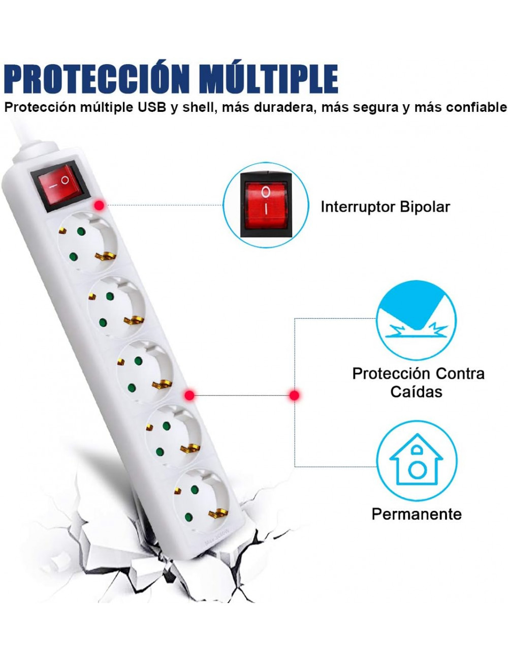 Regleta Alargador de 5m con 5 Enchufes e Interruptor (16A, 250 V)