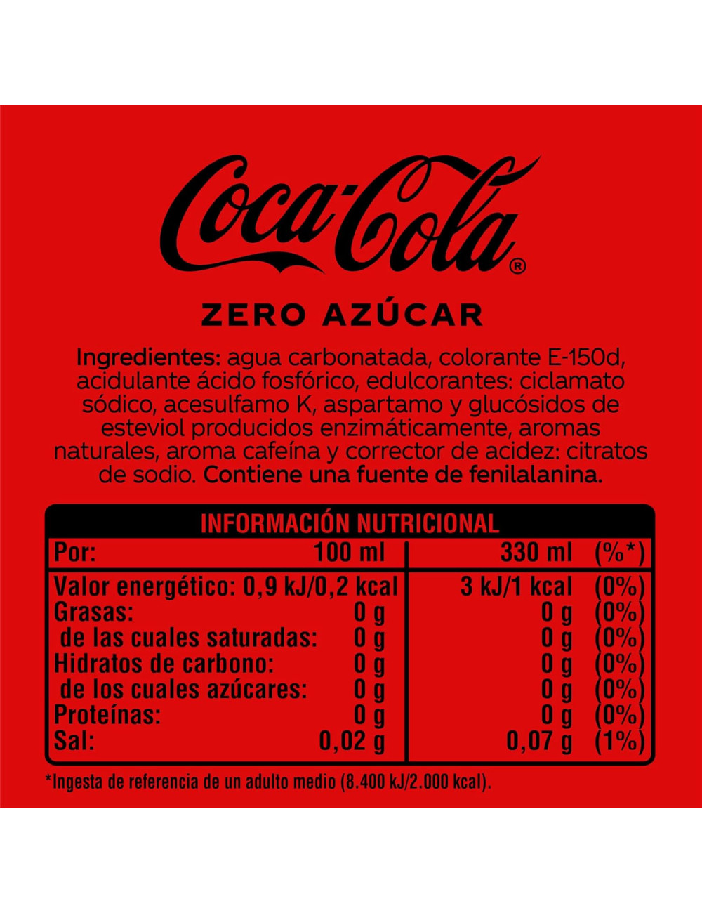 Coca-Cola Sabor Original, Refresco de Cola sin Azúcar y sin Calorías, 330ml